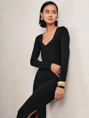 REISS Knitted Wrap Front Midi Dress - Black