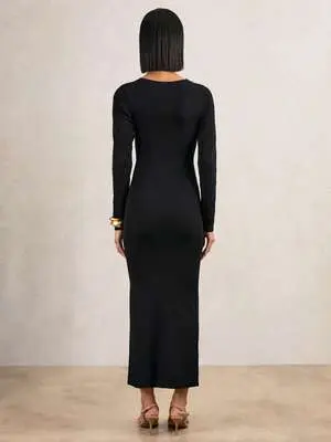 REISS Knitted Wrap Front Midi Dress - Black