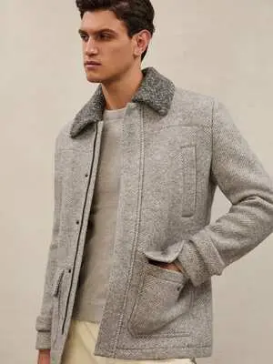 REISS Atelier Wool-cotton Herringbone Jacket - Grey
