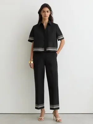 REISS Cotton Stripe-detail Tapered Trousers - Black/ivory