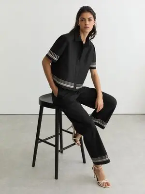 REISS Cotton Stripe-detail Tapered Trousers - Black/ivory