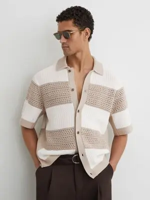 REISS White & Stone Cotton Block-stripe Knitted Shirt