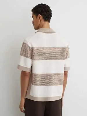REISS White & Stone Cotton Block-stripe Knitted Shirt