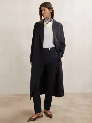 REISS Tapered Button-detail Trousers - Navy