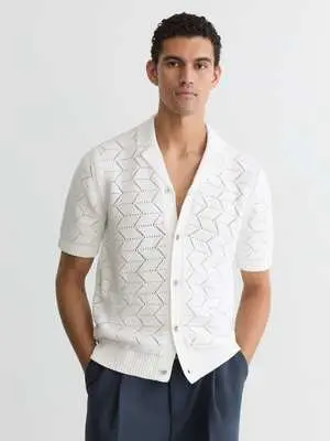 REISS Pointelle-knit Cuban-collar Shirt - White