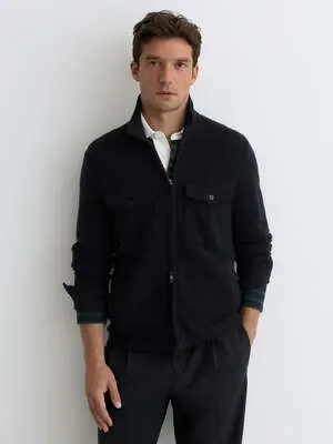 REISS Wool Knitted Zip-through Overshirt - Navy