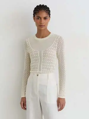 REISS Pointelle-knit Long-sleeve Top - Ivory