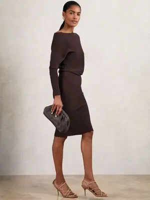 REISS Ribbed Off Shoulder Midi Dress - Burgundy