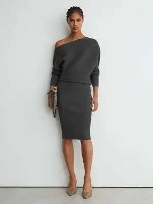 REISS Ribbed Off Shoulder Midi Dress - Charcoal Grey