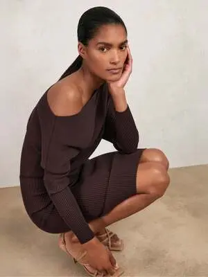 REISS Ribbed Off Shoulder Midi Dress - Plum Purple