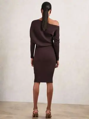 REISS Ribbed Off Shoulder Midi Dress - Plum Purple
