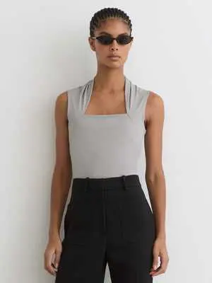 REISS Square-neck Ruched Sleeveless Top - Grey