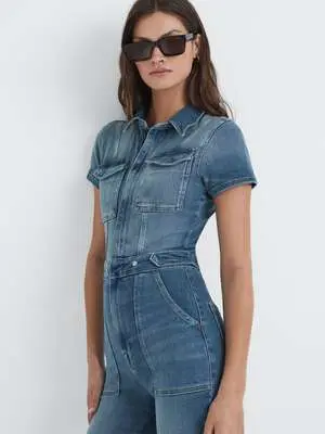 Good American Denim Bootcut Jumpsuit Cotton Plain - Blue
