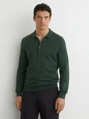 REISS Merino Wool Wide-rib Polo Jumper - Dark Green
