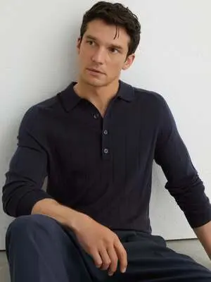 REISS Merino Wool Wide-rib Polo Jumper - Navy
