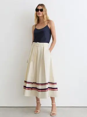 REISS Cotton Stripe-detail Belted Midi Skirt - Cream