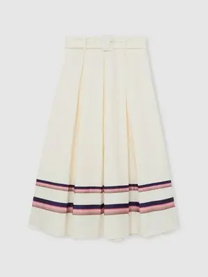 REISS Belted Midi Skirt With Stripe Detail