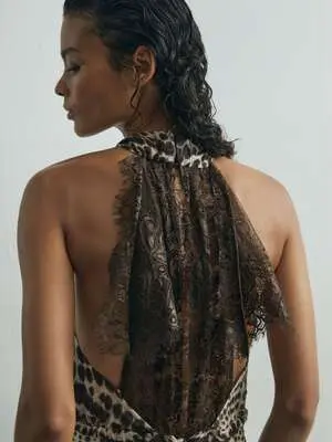 ATELIER Animal-print Wide-leg Halter Jumpsuit With Lace Detail