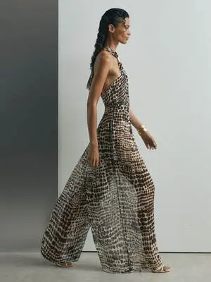 ATELIER Animal-print Wide-leg Halter Jumpsuit With Lace Detail