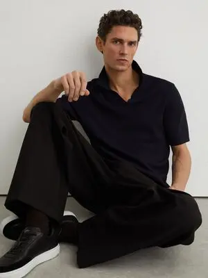 REISS Open-collar Textured-knit Polo Shirt - Navy