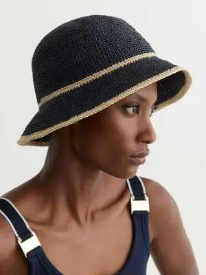 REISS Cream & Black Paper Woven Tipped Straw Bucket Hat - Navy