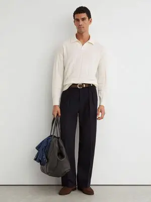REISS Wool Square-textured Open-collar Polo Jumper - White