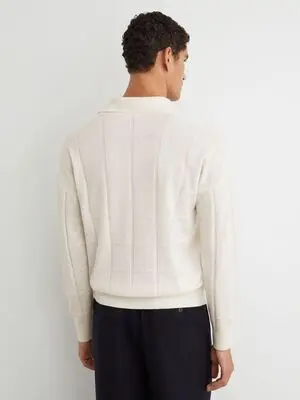 REISS Wool Square-textured Open-collar Polo Jumper - White