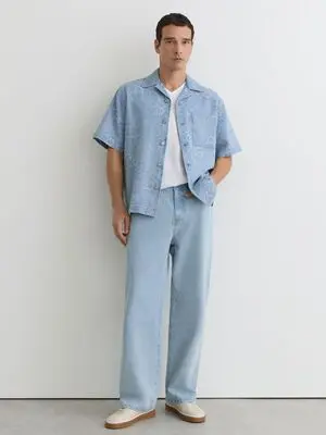 REISS Denim Jacquard Short-sleeve Shirt