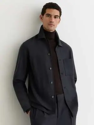 REISS Wool-blend Patch-pocket Overshirt Navy