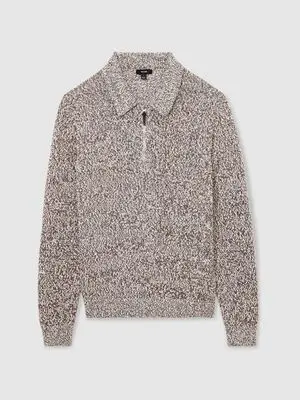 REISS White & Camel Cotton-blend Marled Half-zip Polo Jumper