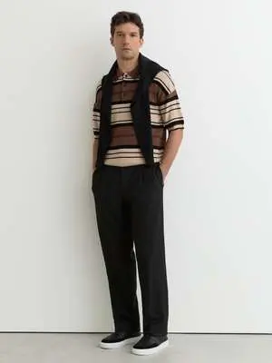 REISS Stripe Knit Half-button Polo Shirt - Camel Multi