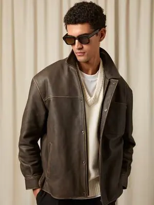 REISS Monogram Embossed Leather Jacket Relaxed-fit - Brown