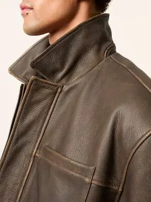 REISS Monogram Embossed Leather Jacket Relaxed-fit