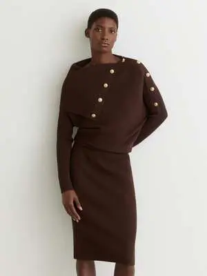 REISS Draped Off-shoulder Rib-knit Midi Dress With Embossed Buttons - Dark Brown