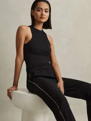 REISS Elasticated Side Stripe Tapered Trousers - Black