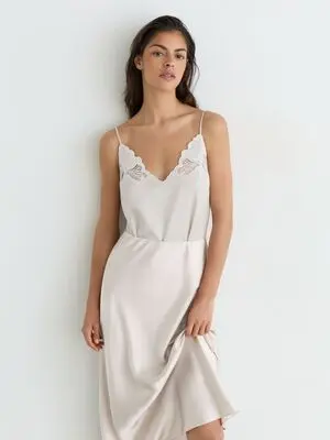 REISS Silk Slip Midi Skirt - Silver