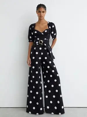 REISS Linen Polka-dot Wide-leg Jumpsuit - Navy/ivory