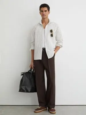 REISS White & Blue -blend Seersucker Pinstripe Shirt Regular-fit - White/blue