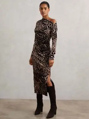 REISS Asymmetric Off-shoulder Leopard Print Midi Dress