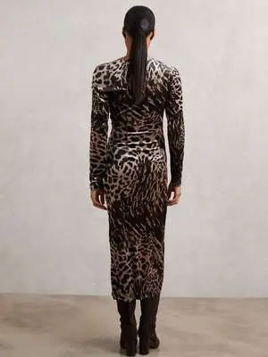 REISS Asymmetric Off-shoulder Leopard Print Midi Dress