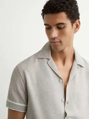 REISS White & Black Textured Stripe-tape Cuban-collar Shirt