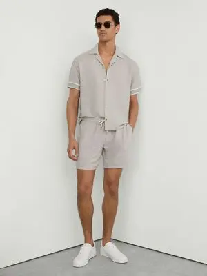 REISS White & Black Textured Stripe-tape Cuban-collar Shirt