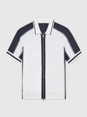 REISS Optic White & Navy Colour-block Zip-through Knit Shirt