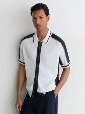 REISS Optic White & Navy Colour-block Zip-through Knit Shirt