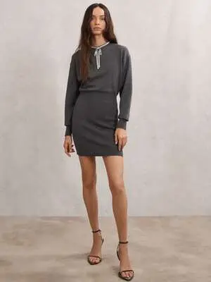 REISS Wool Crystal Bow Mini Dress - Grey