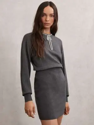 REISS Wool Crystal Bow Mini Dress