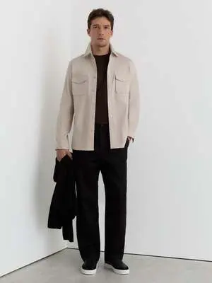 REISS Cotton-twill Twin-pocket Overshirt With Stretch - Stone