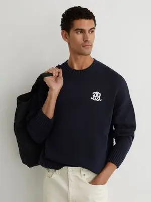 REISS Monogram-embroidered Relaxed Jumper - Navy
