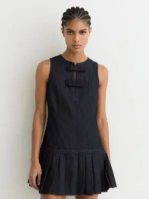 REISS Sleeveless Pleated Denim Mini Dress - Dark Blue