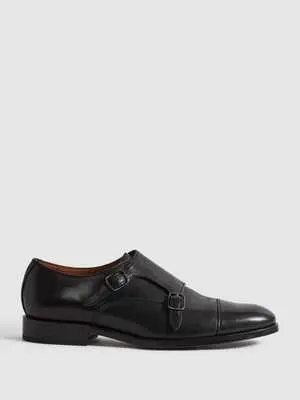REISS Leather Double Monk Strap Shoes - Black